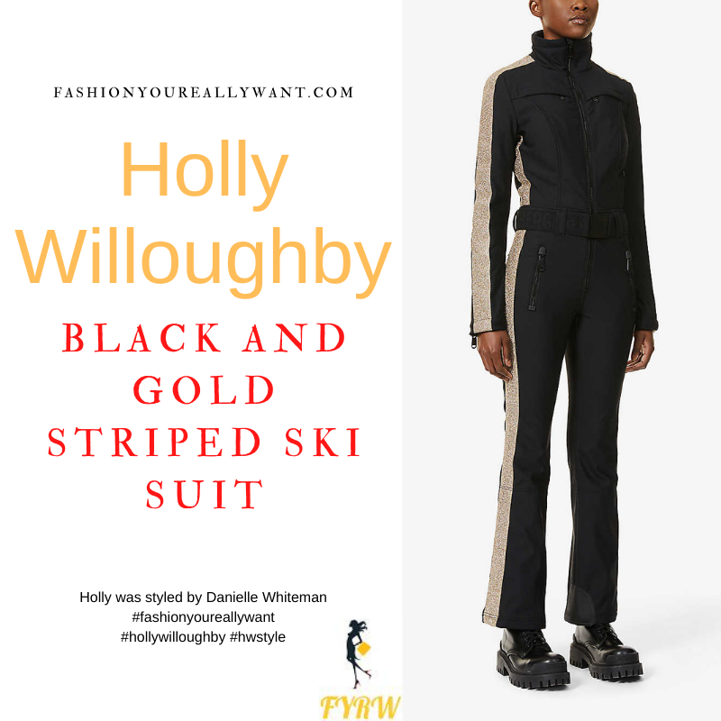 Holly Willoughby Black And Gold Striped Ski Suit April 2022 – Fashion ...